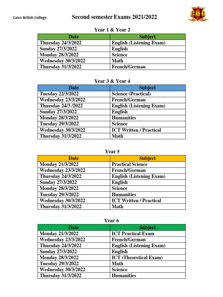 Exams Schedules - Semester 2 | PDF | Academic Term