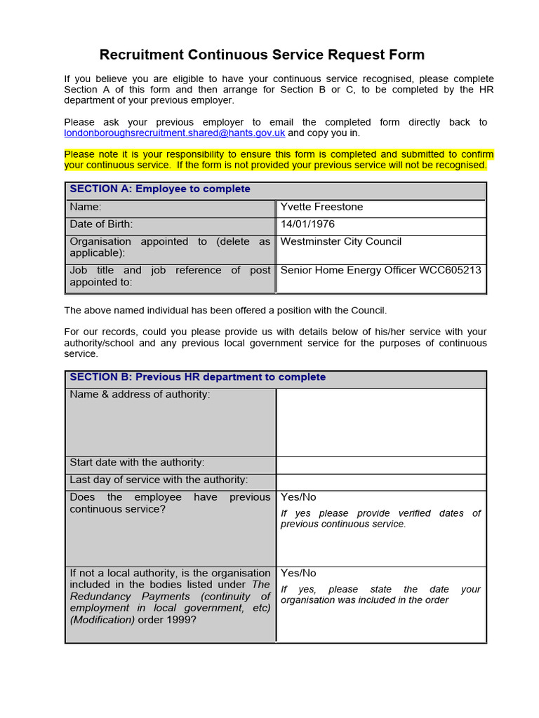 WCC and RBKC - Recruitment Continuous Service Request Form 2 | PDF