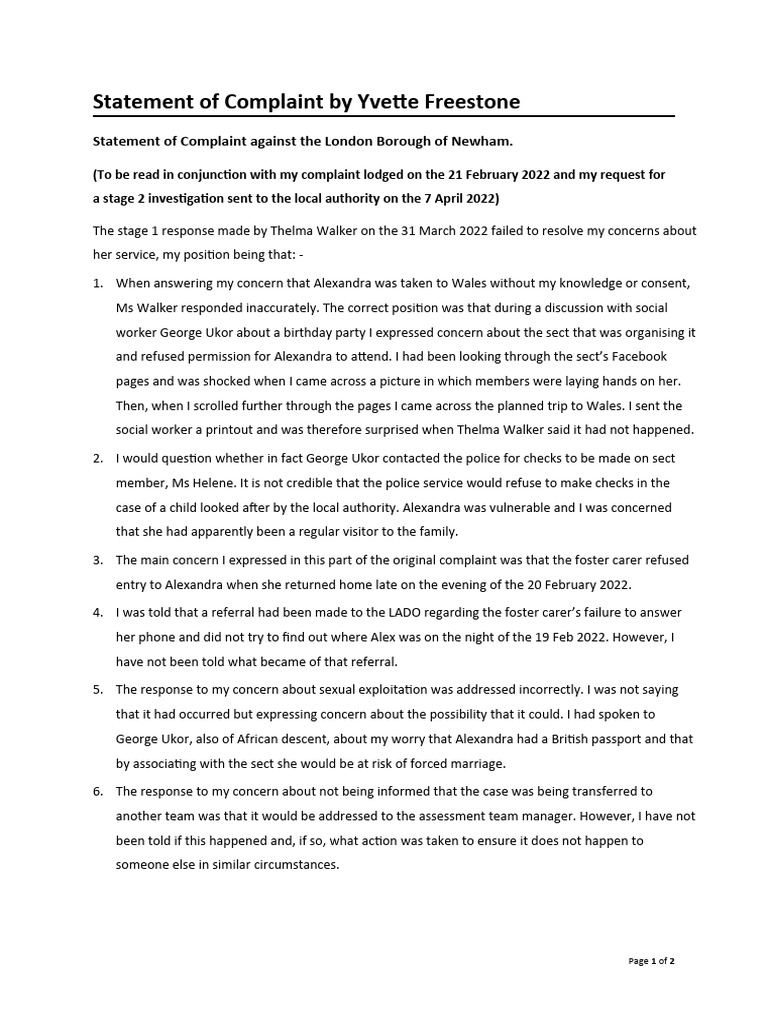 Statement of Complaint Freestone | PDF