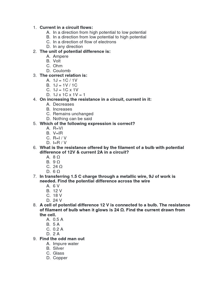 Electricity Test Class 9 Icse | PDF