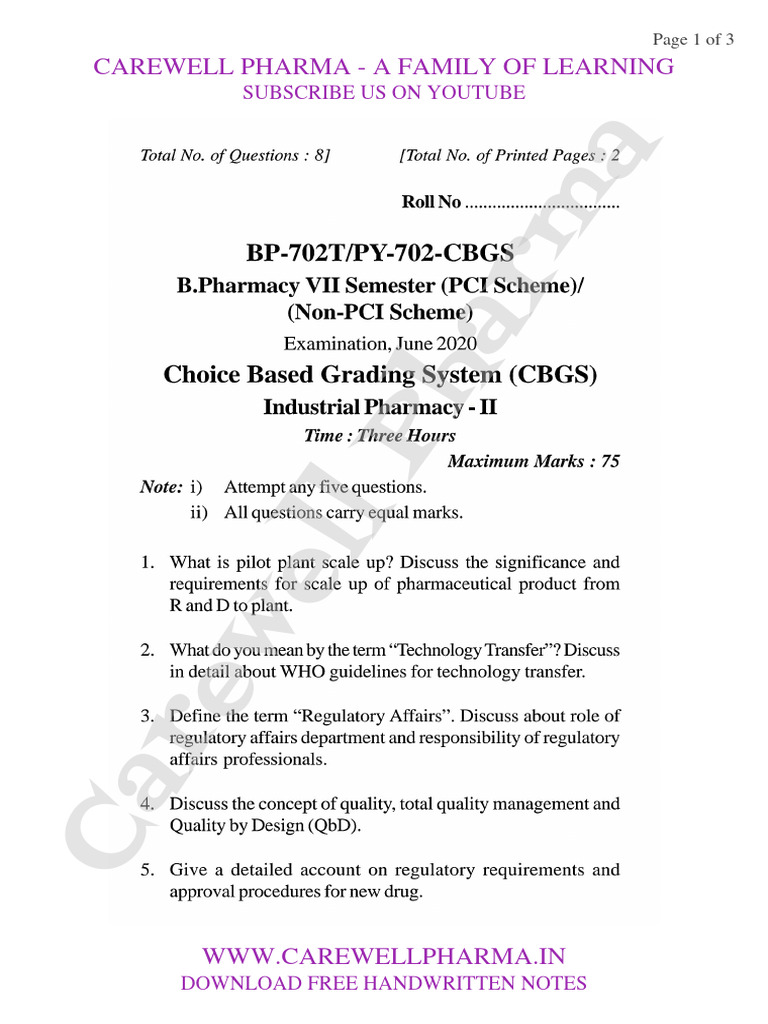 Industrial Pharmacy 2, 7th Sem, RGPV Previous Year Question Paper, Carewell Pharma | PDF