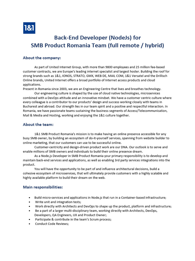 JD Back-End Developer (NodeJs) for SMB Product Romania Team | PDF | Internet | Word Press