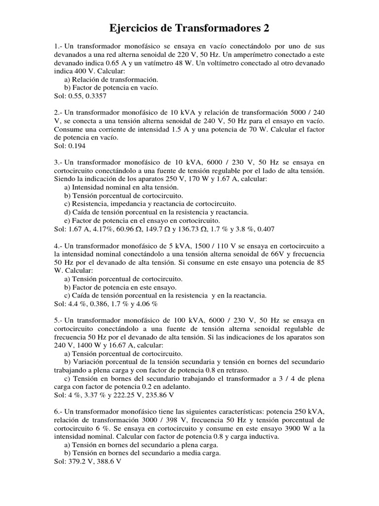 Ejercicios Transformadores 2 | PDF | Transformador | Energia electrica