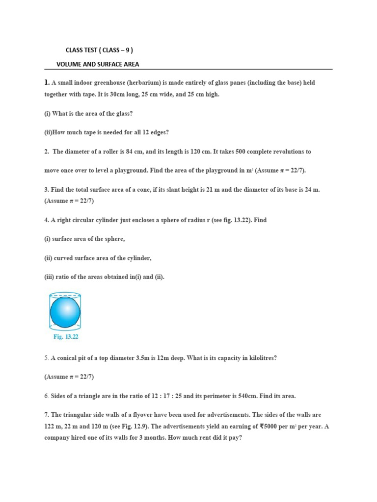 Class Test Volume and Surface Area | PDF