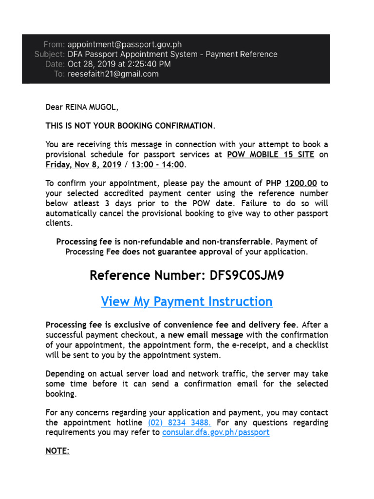 DFA Passport Appointment System - Payment Reference | PDF