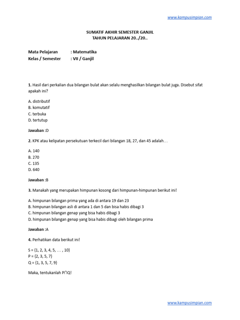 Soal Sumatif Akhir Semester Ganjil Matematika Kelas 7 | PDF