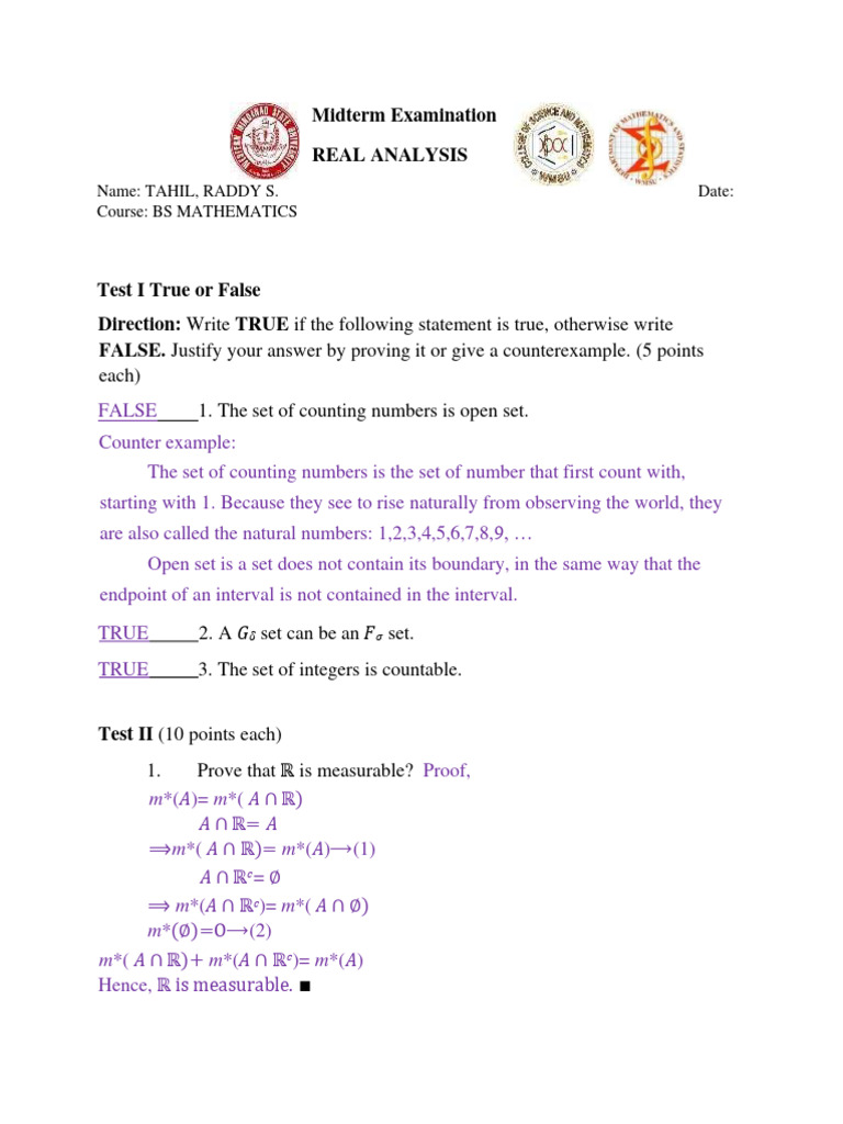 Tahil Raddy S Math 151 Midterm Exam | PDF | Real Number | Measure ...