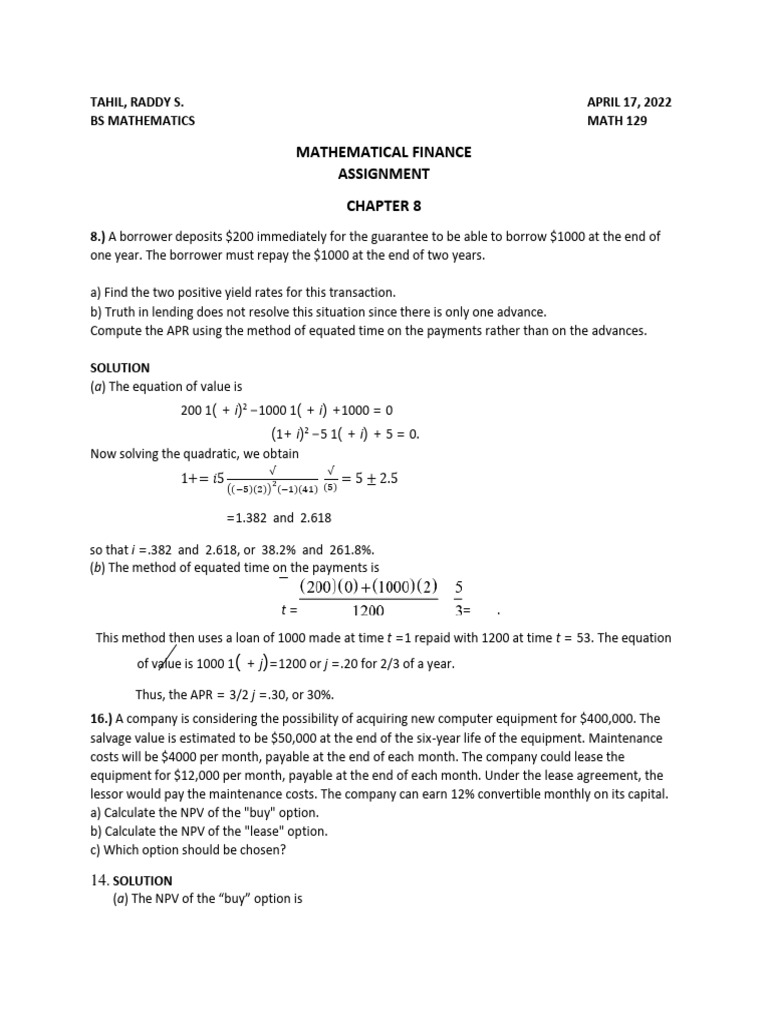 Math 149 Problem Set ( Assignment ) | PDF | Depreciation | Mortgage Loan