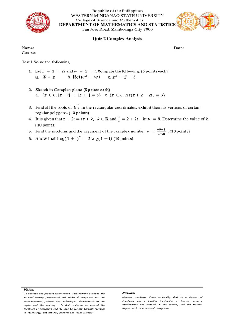 Complex Analysis Quiz for Students | PDF