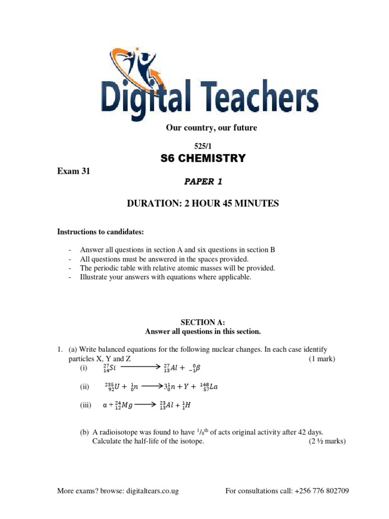 A Level Chemistry Paper 1 Set 31marking Guide | PDF | Chlorine | Gases