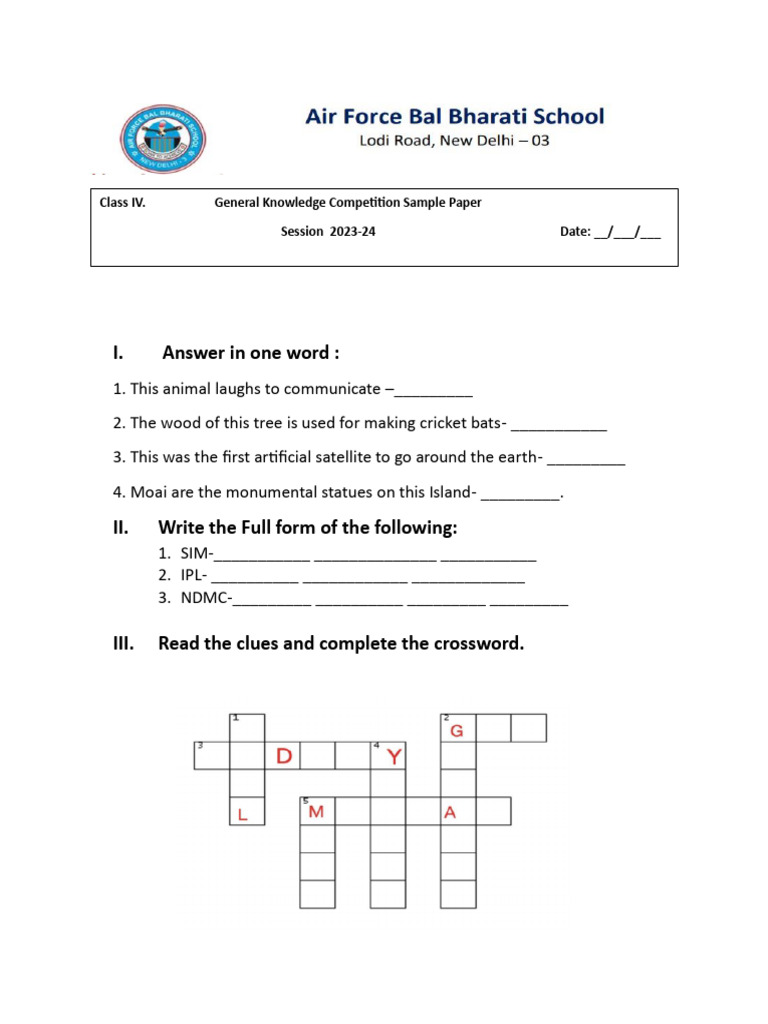 Class 4 GK Sample Question Paper | PDF
