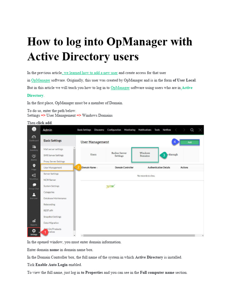 How To Log Into OpManager With Active Directory Users | PDF