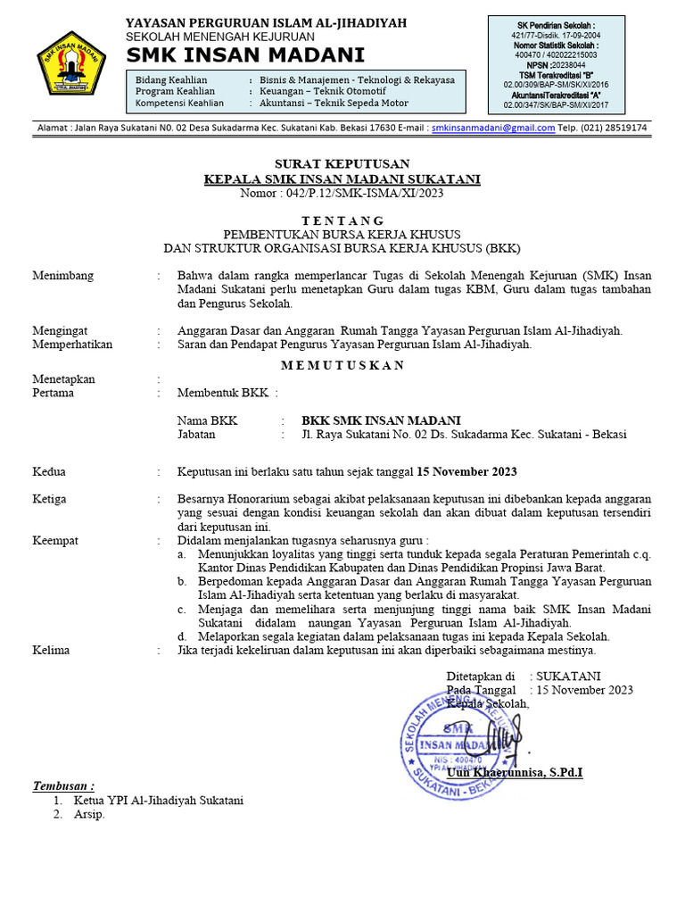 Pembentukan BKK SMK Insan Madani | PDF