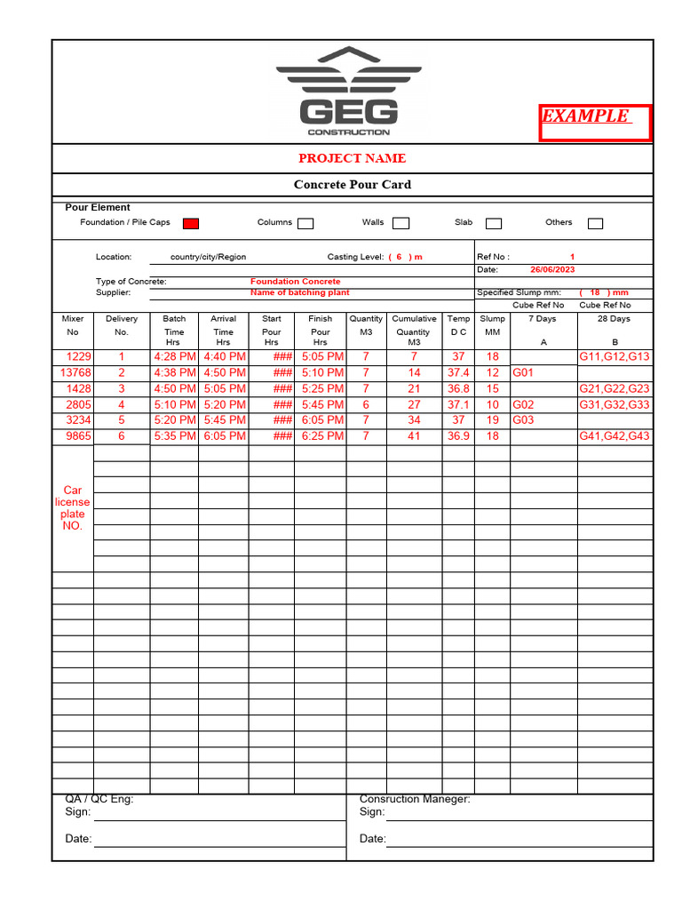 Concrete Pour Card Format in Excel | PDF | Microsoft Excel ...
