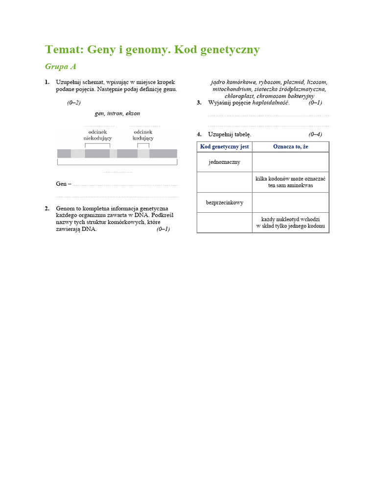 Kartkowka 2 Geny I Genomy Kod Genetyczny | PDF