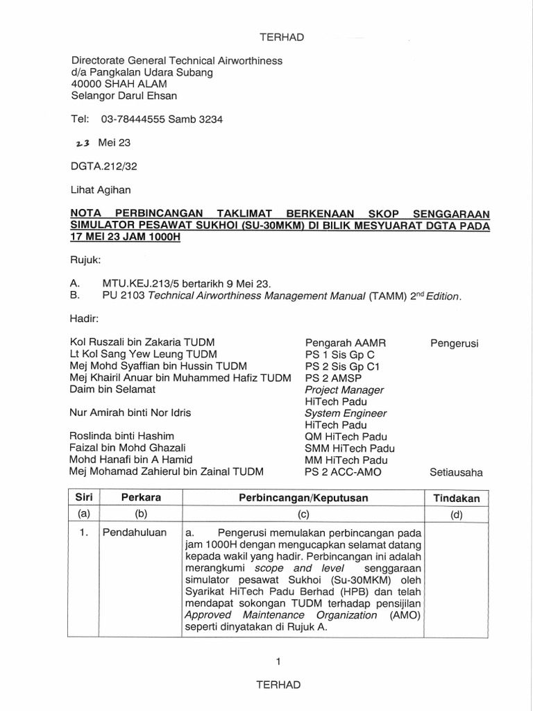 Nota Perbincangan Taklimat Skop Senggaraan Simulator Pesawat Sukhoi | PDF