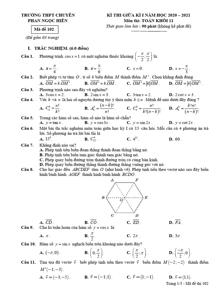 Khối 11 - Kt Giữa Hki -Ma 102 | PDF