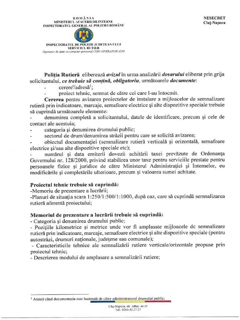 Documente Necesare Pentru Emiterea Avizului Poliției Rutiere Pentru Proiectele de Instalare A ...