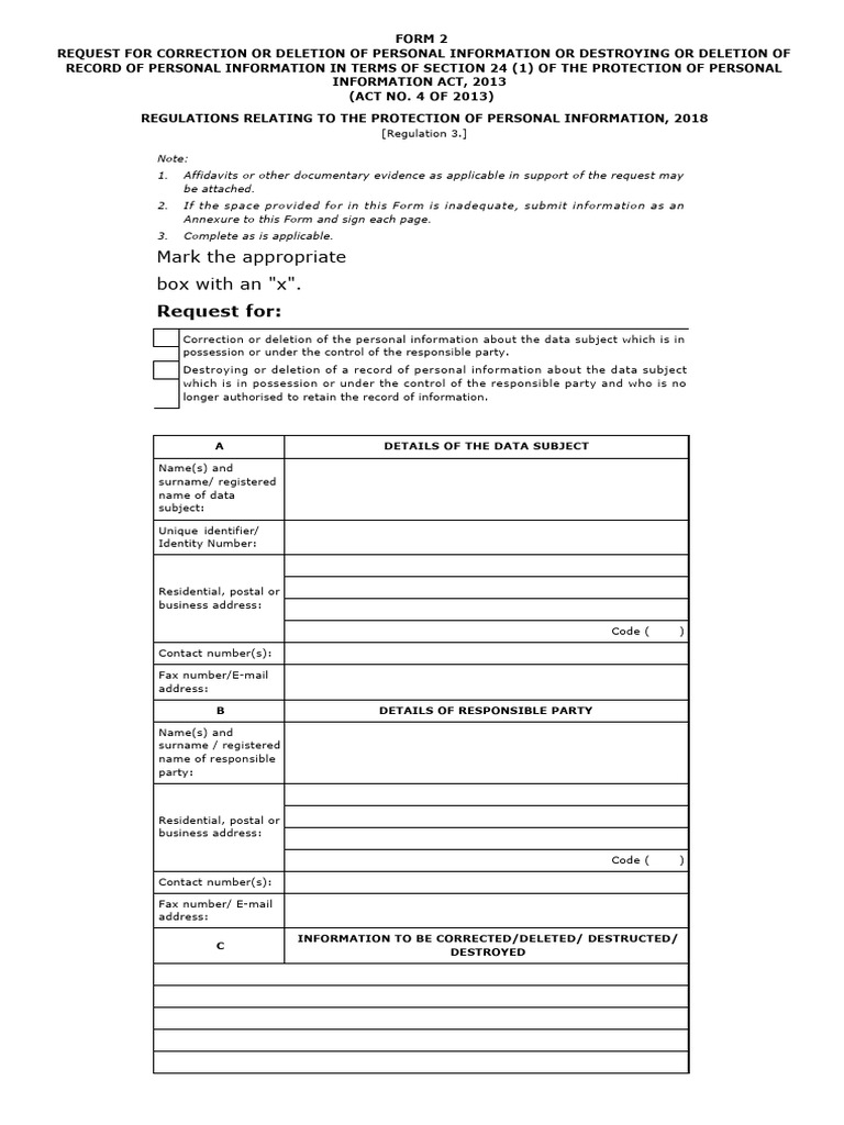 Form 2 Request For Correction or Deletion of Personal Information | PDF