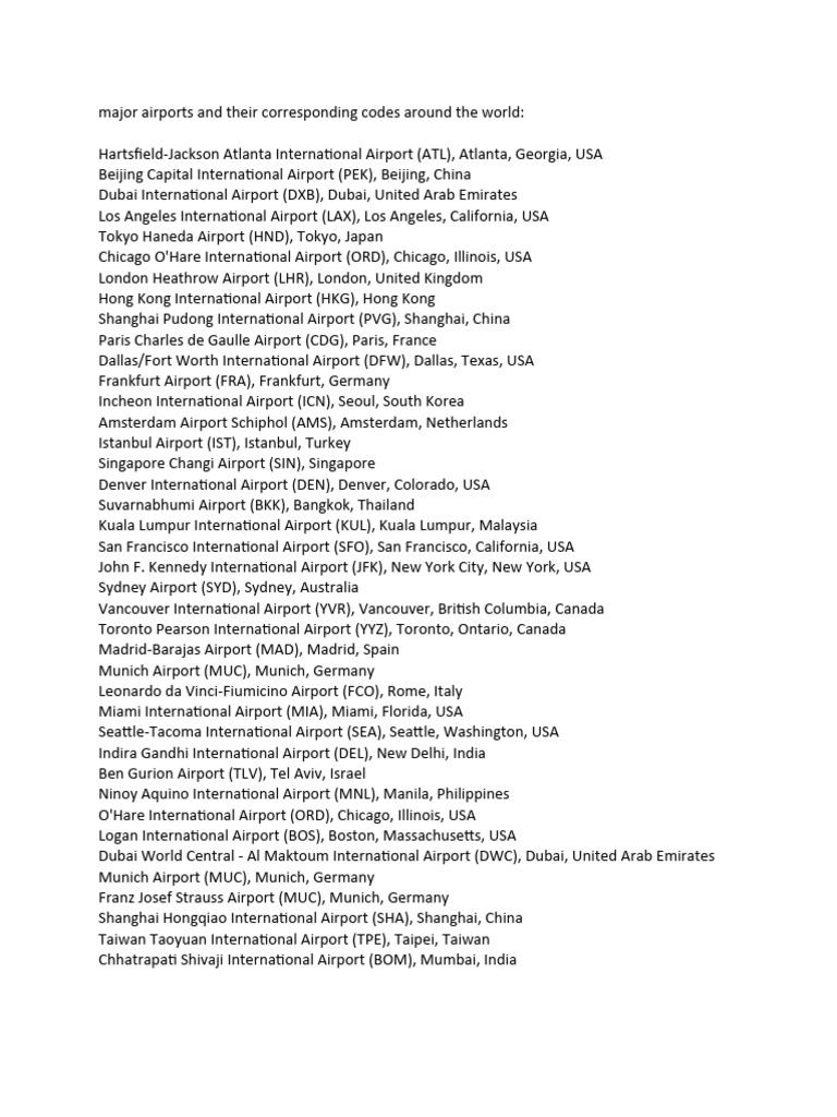 Major Airports and Their Corresponding Codes Around The World | PDF ...