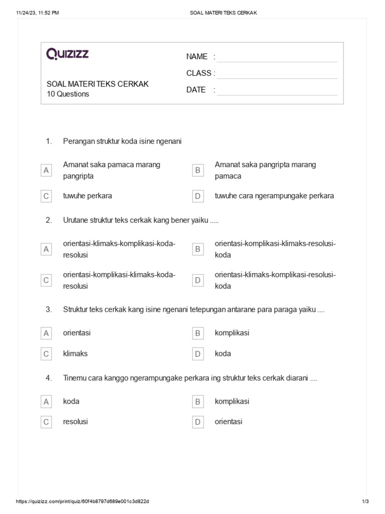 Soal Materi Teks Cerkak Kelas Xi | PDF