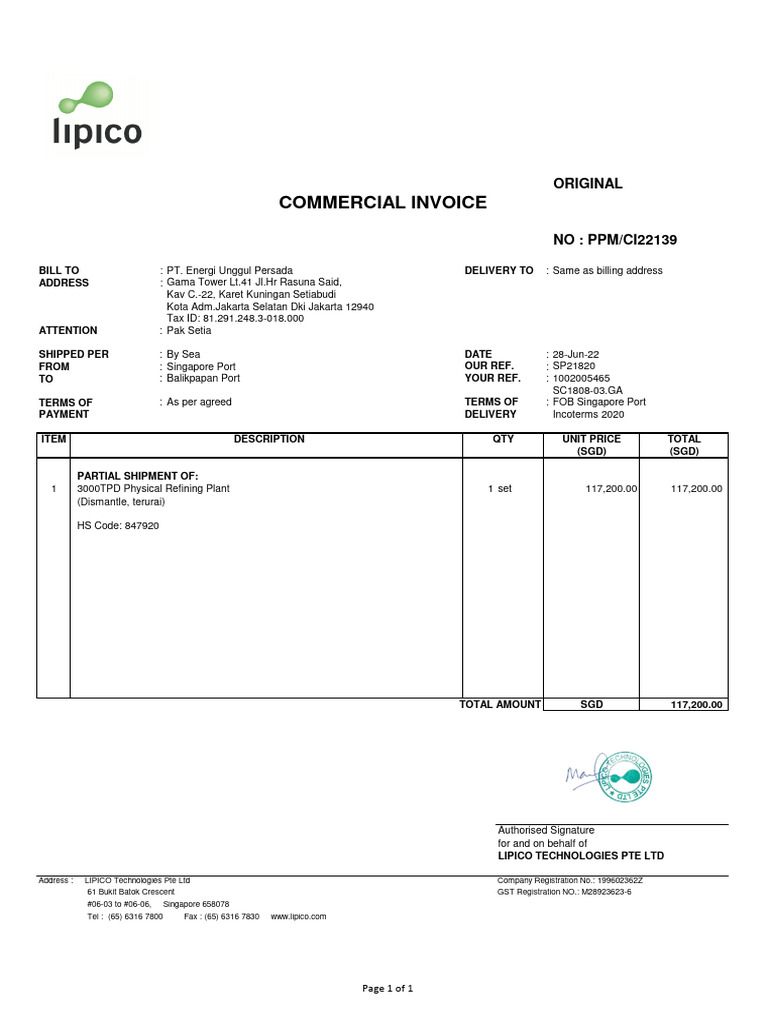 Invoice Ppmci22139 (BL Oneysinc41138800) | PDF | Payments | Government ...