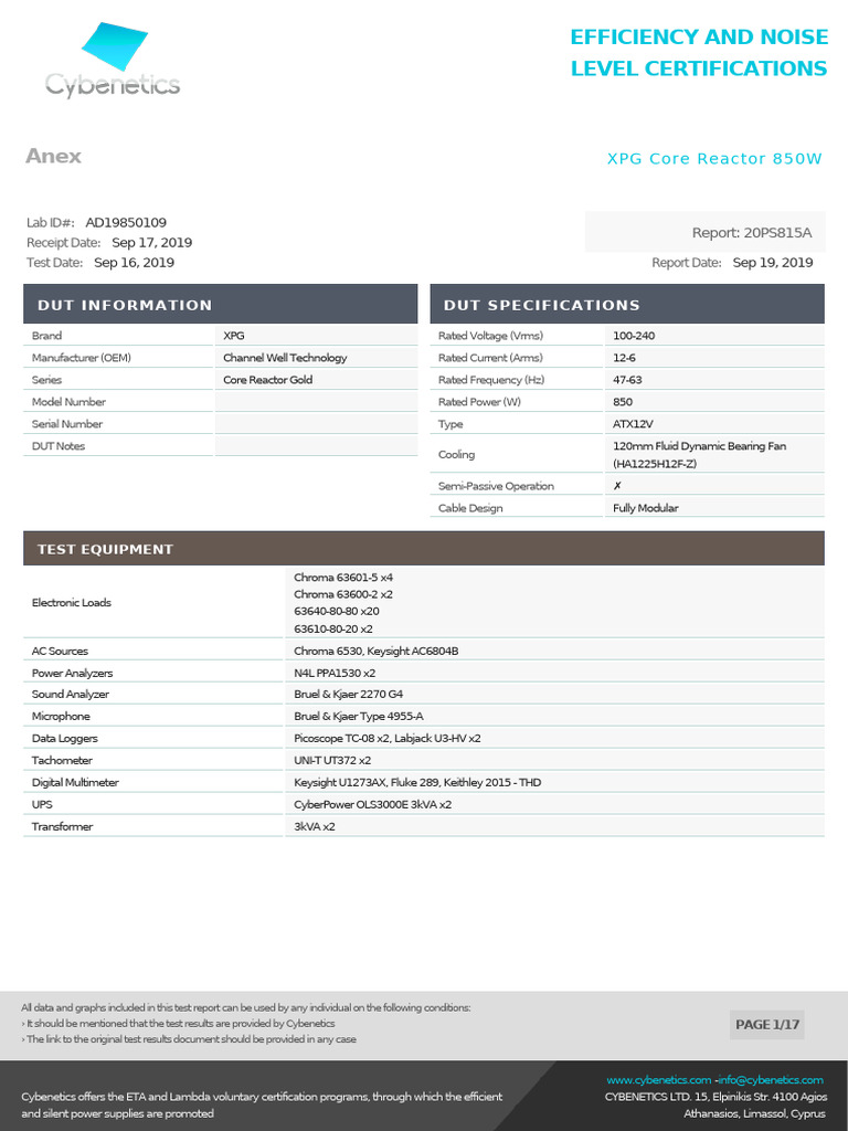 Cybenetics - Evaluation - Report - XPG - Core Reactor 850W | PDF | Rectifier | Electric Power