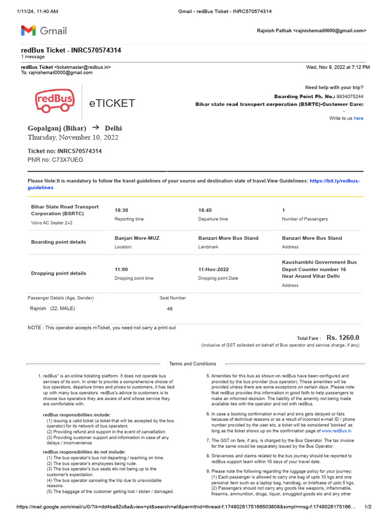 Gmail - Redbus Ticket - INRC570574314 | PDF | Ticket (Admission) | Bus