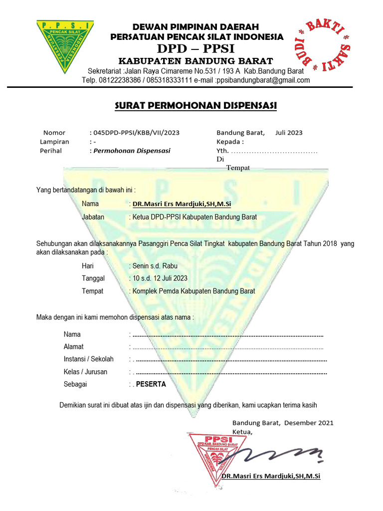 Surat Permohonan Dispensasi Ppsi Siswa | PDF