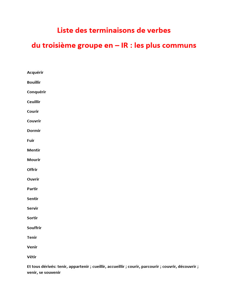 Liste Des Terminaisons de Verbes 3eme Groupe en IR | PDF | Jeunes adultes