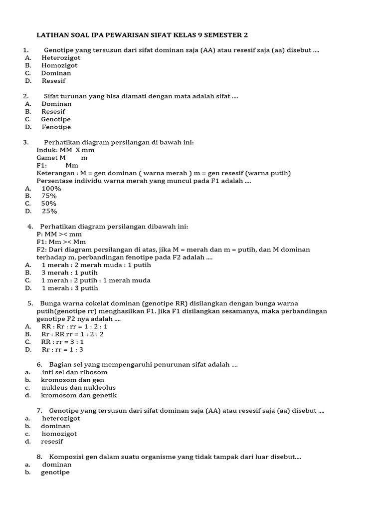 Latihan Soal Pewarisab Sifat | PDF