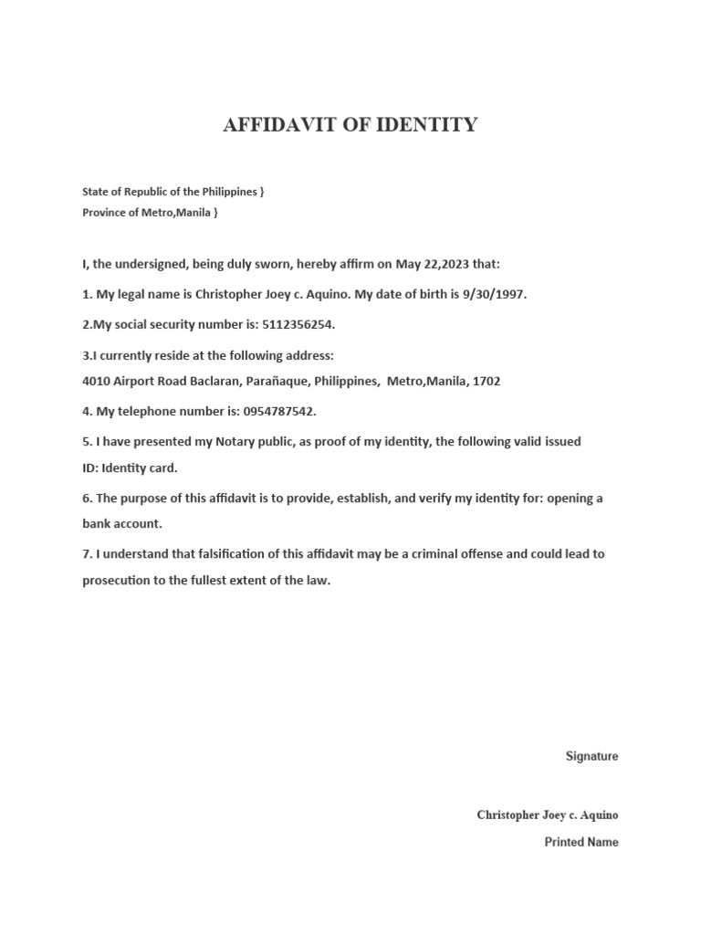 Affidavit of Identity for Banking | PDF