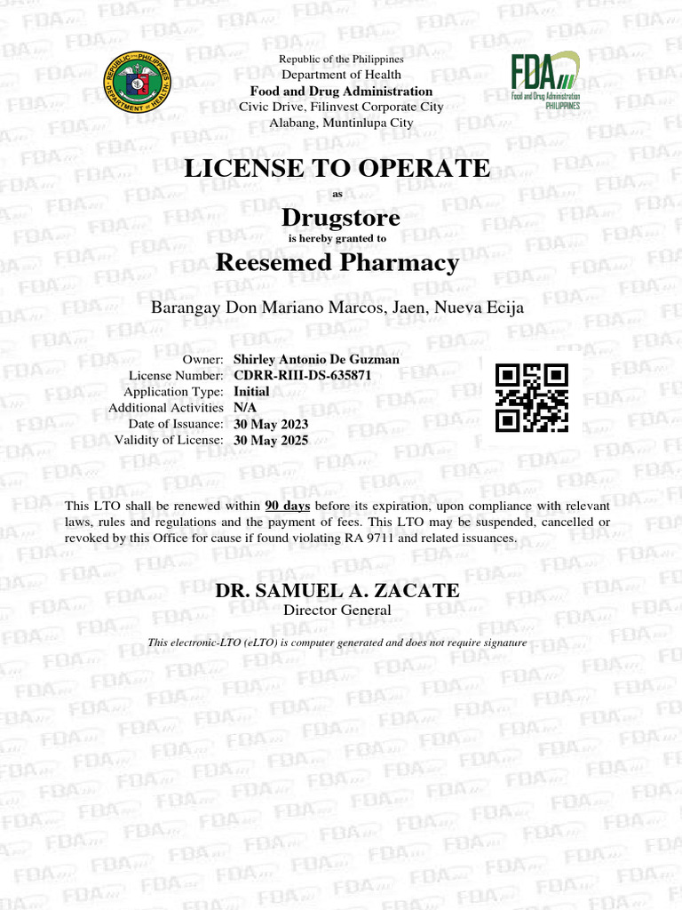 License To Operate FDA-3000006358717 | PDF