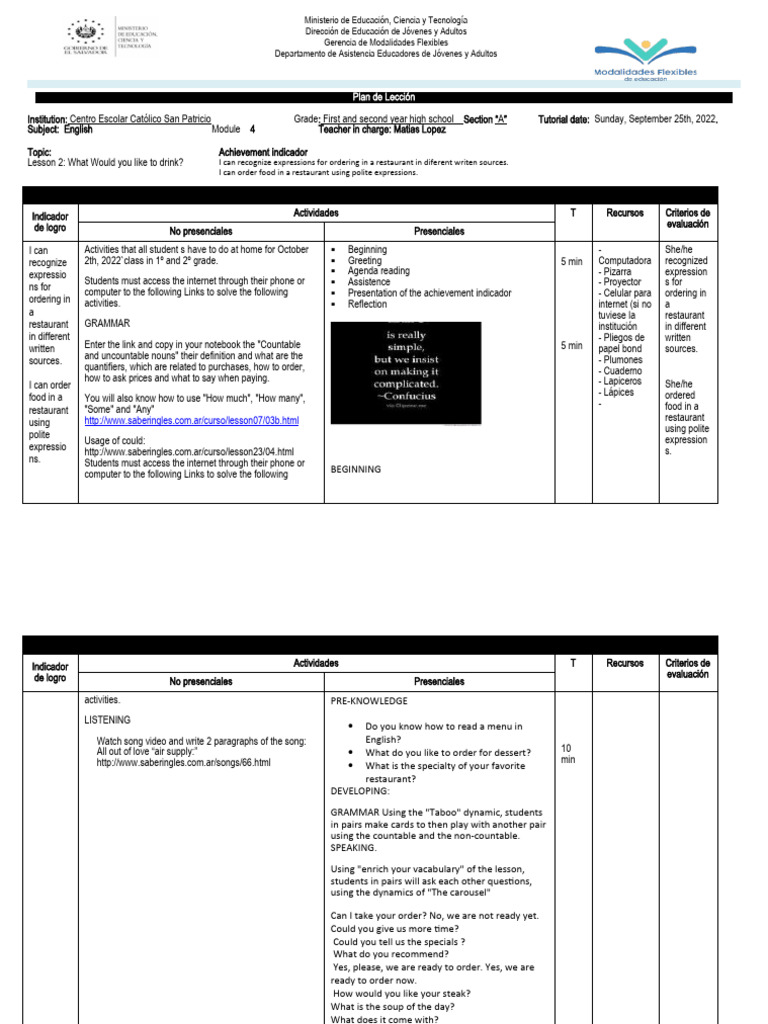 Planificacion Bachillerrato Lesson 1 Modulo 4 Fecha 25 de Septiembre de 2022 | PDF | Languages ...