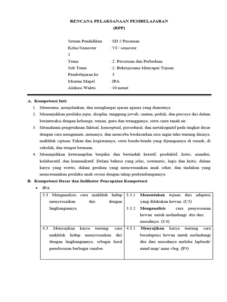 RPP Ipa Kelas 6 | PDF