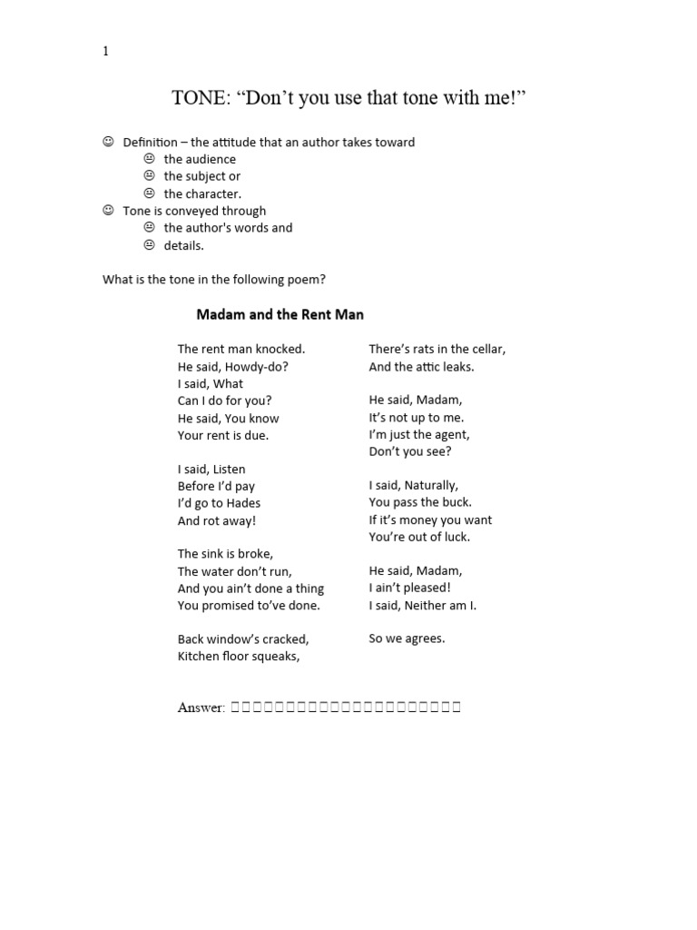 Tone Analysis of "Madam and the Rent Man" | PDF | Emotions | Subjective ...