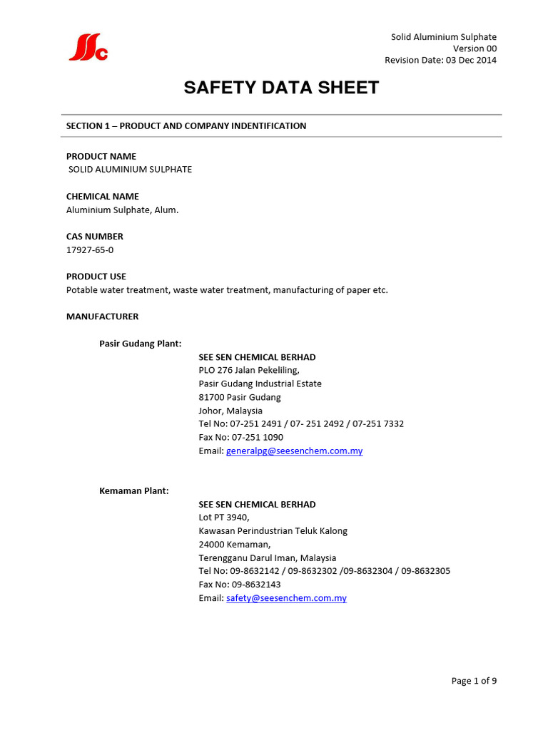 SDS Solid Aluminium Sulphate | PDF | Personal Protective Equipment | Dangerous Goods