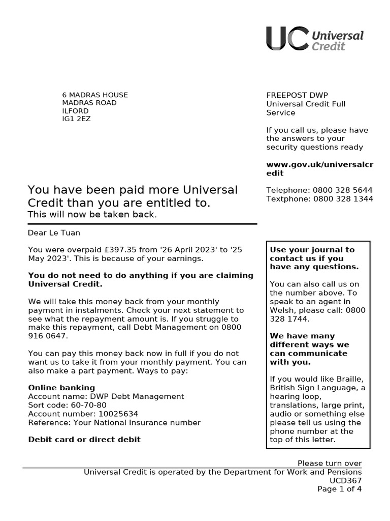 Universal Credit Overpayment Notice | PDF | Payments | Credit Card