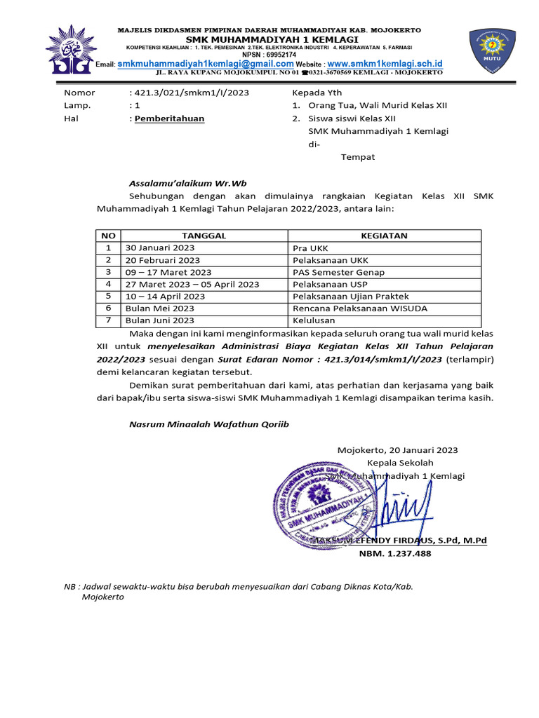 Surat Pemberitahuan Rangkaian Kegiatan Kelas XII TP 2022-2023 | PDF