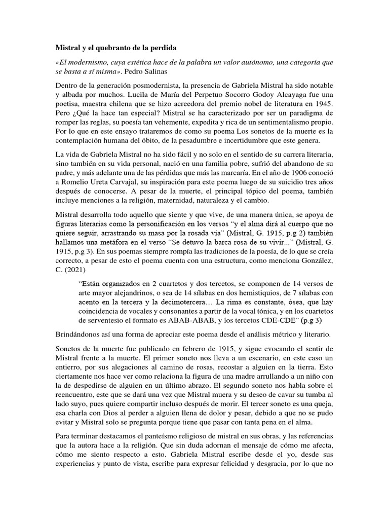 Ensayo - Gabriela Mistral | PDF | Poesía | Metro (poesía)