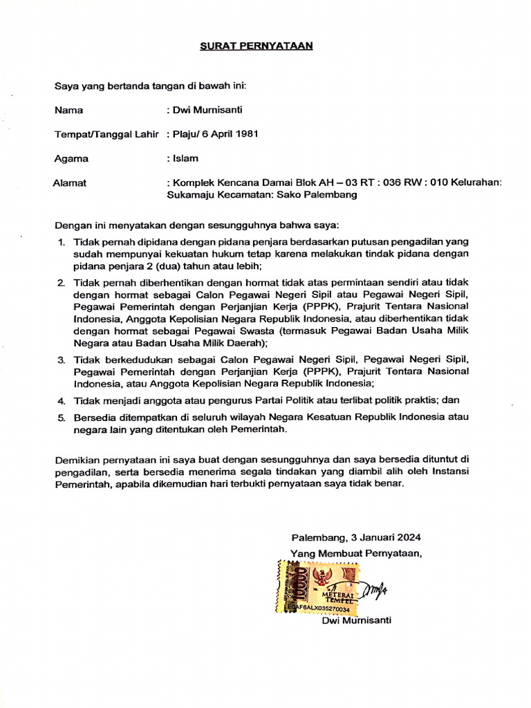 Surat Pernyataan PPPK | PDF