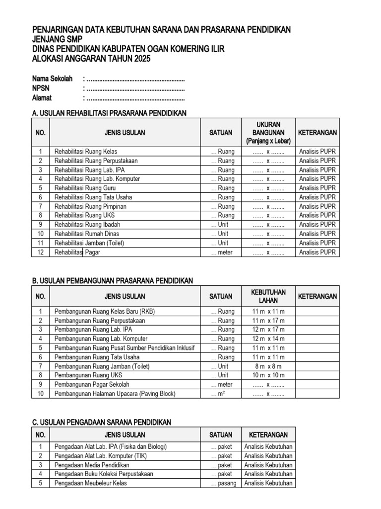 Form Penjaringan Data Sarpras SMP 2025 | PDF
