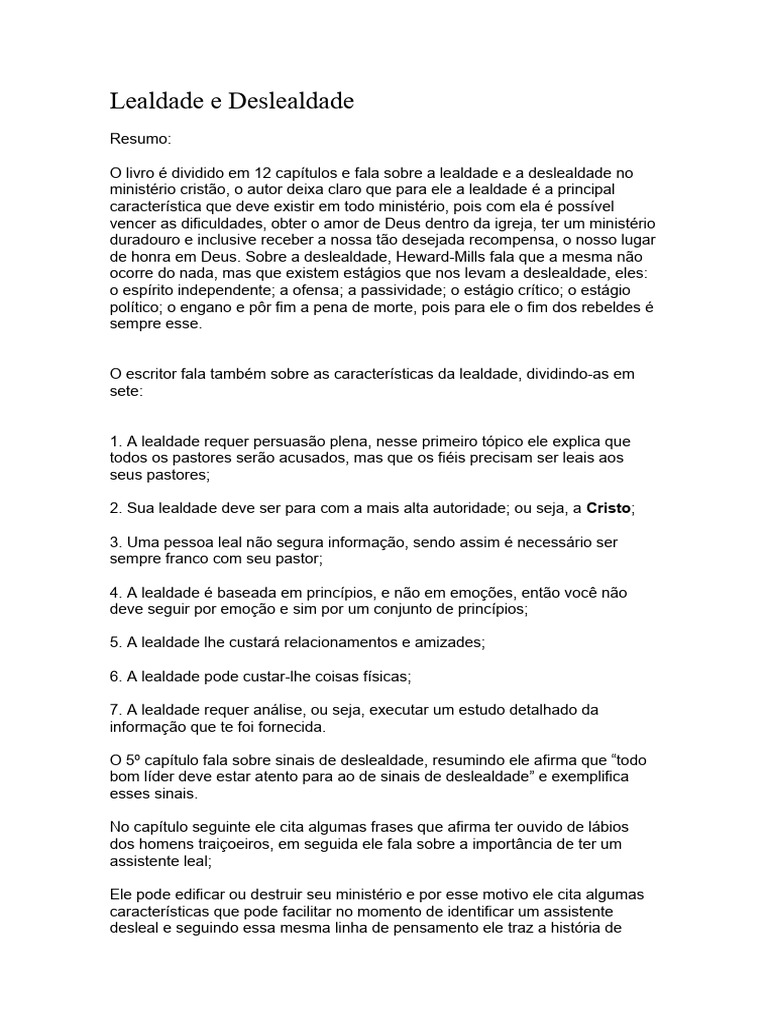 Resumo Lealdade e Deslealdade | PDF | Fidelidade | Jesus