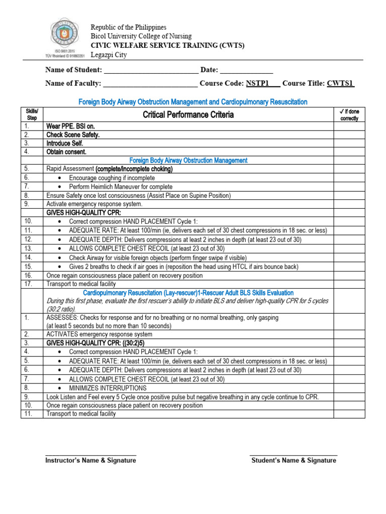 BLS and Bandaging Skills Checklist | PDF | Cardiopulmonary ...
