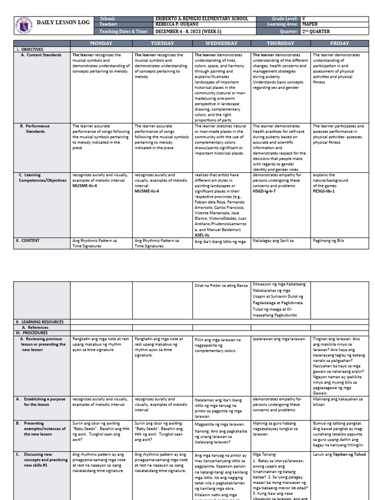 DLL - Mapeh 5 - Q2 - W5 | PDF | Learning | Cognition