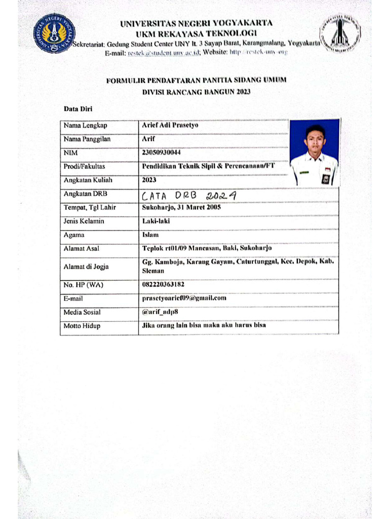 Formulir Pendaftaran Panitia Sidang Umum DRB | PDF