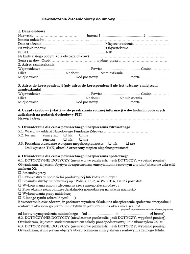 Oswiadczenie Do Celow Podatkowych Umowa Zlecenie 3 | PDF