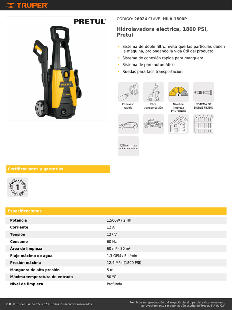 Hidrolavadora Eléctrica 1800 PSI Pretul | PDF | Bienes manufacturados | Ingenieria Eléctrica