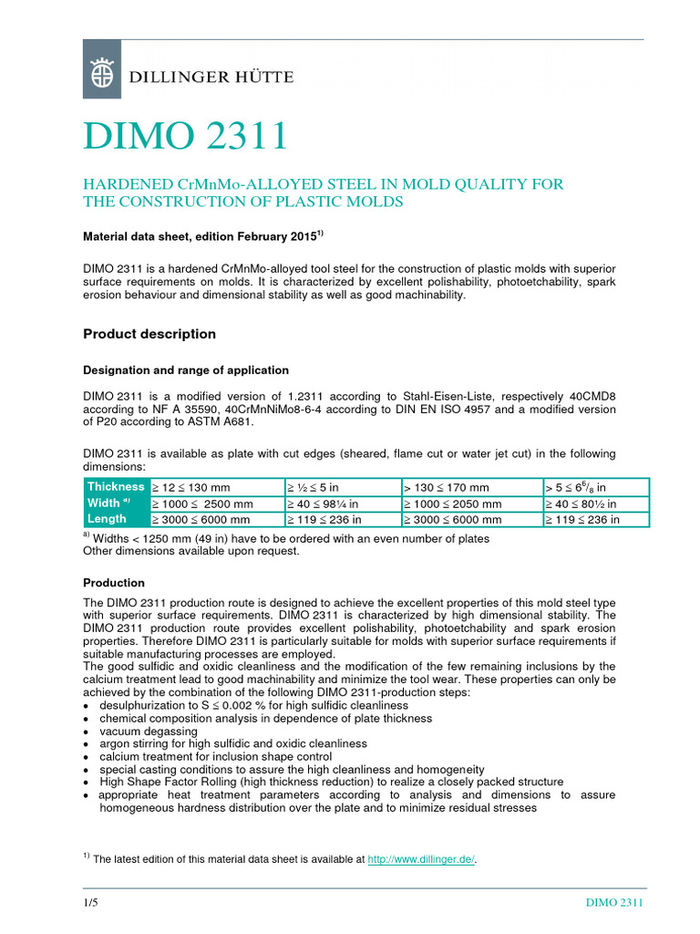 DIMO 2311 - Prehardened CrMnMo-alloyed Steel in Mold Quality For The ...
