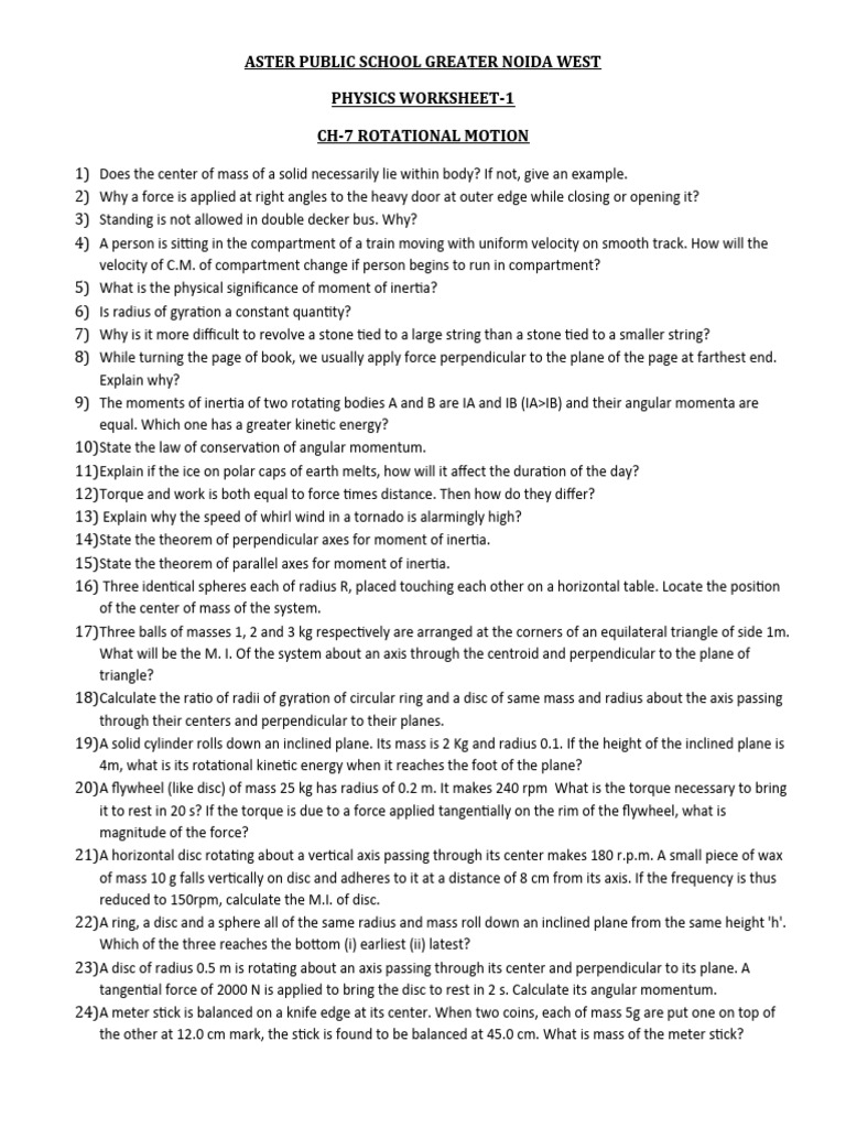 CH-7 Rotational Motion Worksheet-1 | PDF | Rotation Around A Fixed Axis | Torque